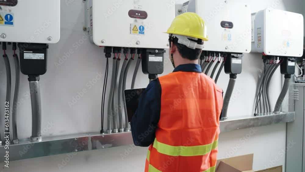 Asian technical man checking circuit board repair and maintenance panel ...