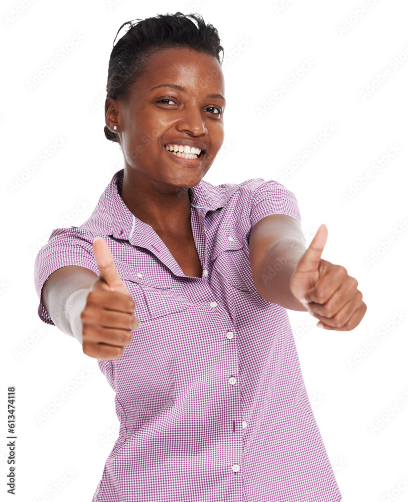 Thumbs up, portrait and black woman in studio with hand, sign and thank ...