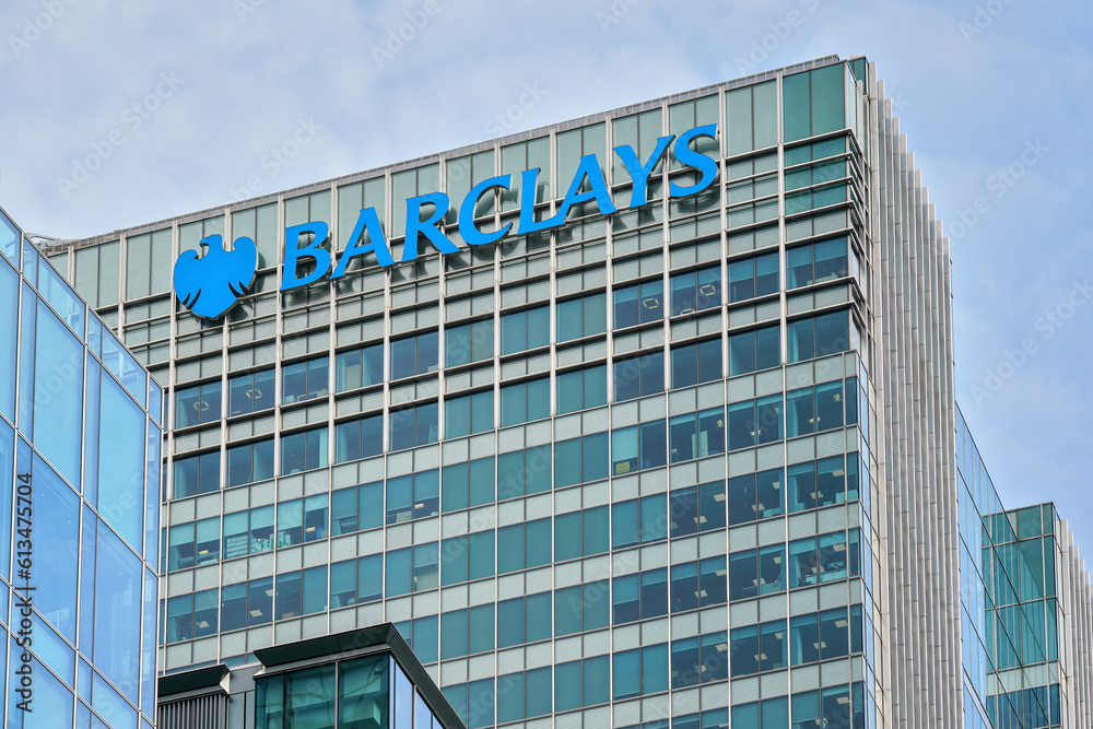 London, United Kingdom - May 18, 2023: Blue Barclays logo at top of ...