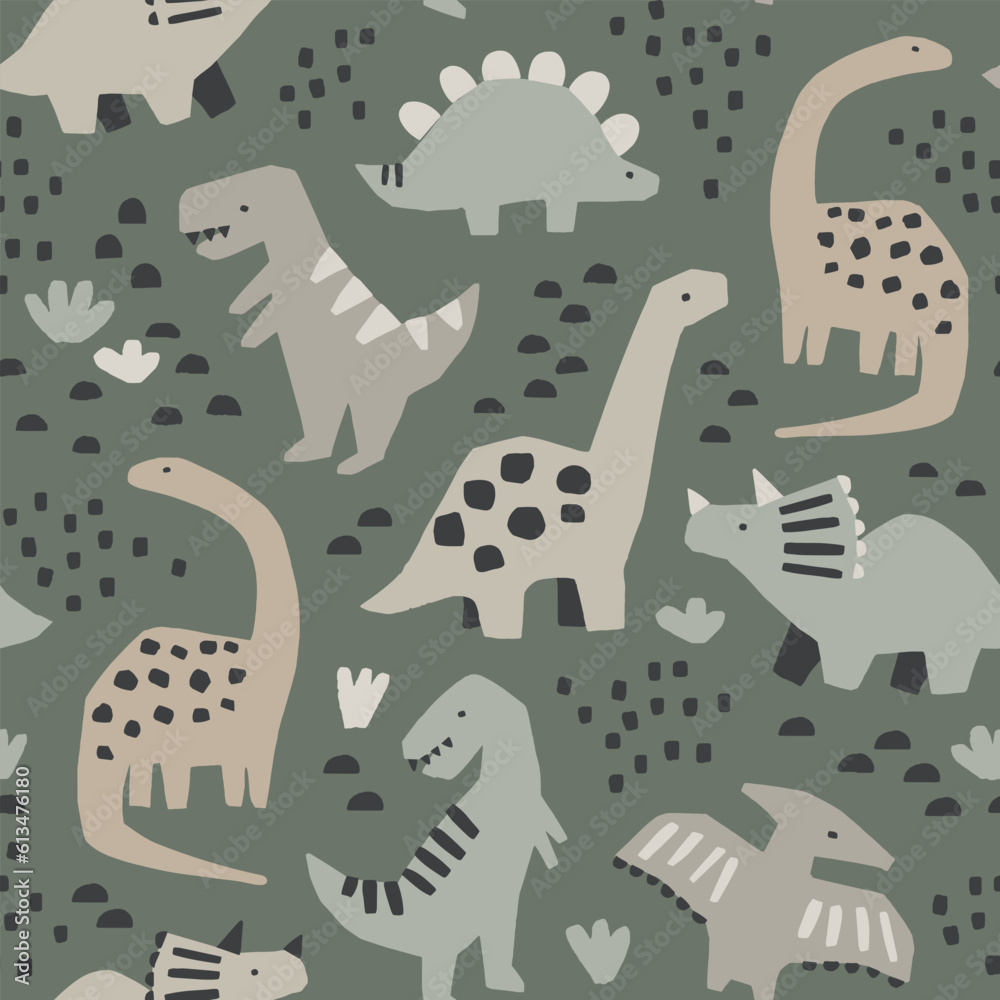 Hand drawn seamless pattern with dinosaurs and abstract shapes ...