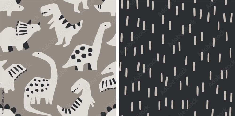 Hand drawn dinosaur pattern set. Cute dinosaurs and geometric abstract ...