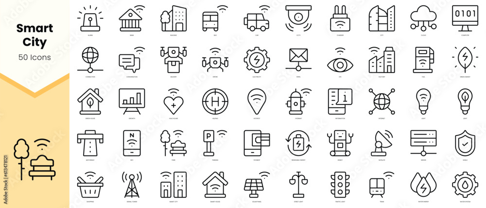 Set of smart city Icons. Simple line art style icons pack. Vector ...