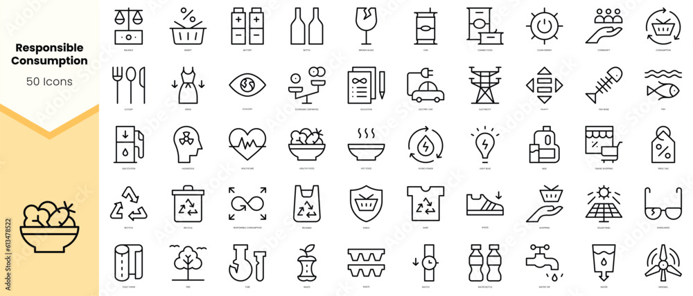 Set of responsible consumption Icons. Simple line art style icons pack ...