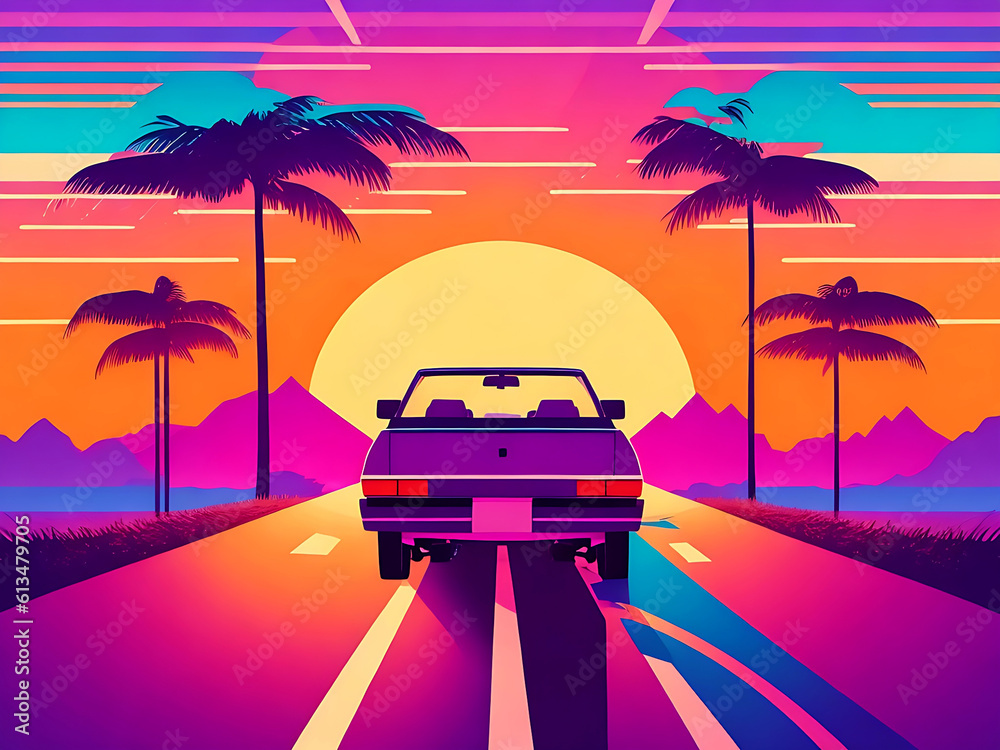 Summer vibes 80s style illustration with car driving into sunset ...