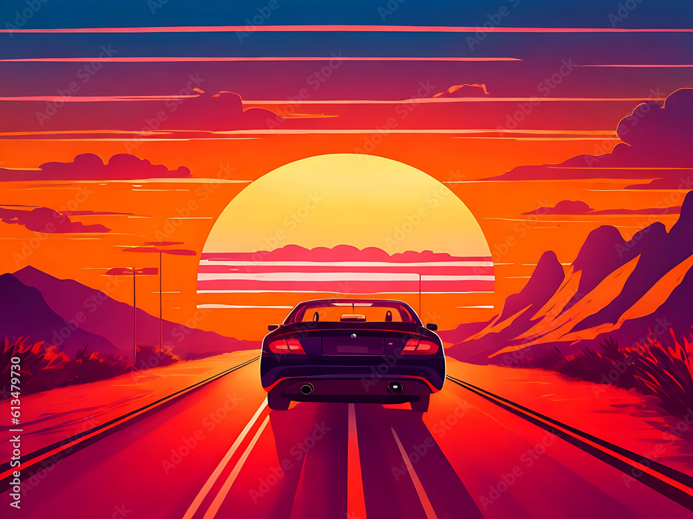 Summer vibes 80s style illustration with car driving into sunset ...