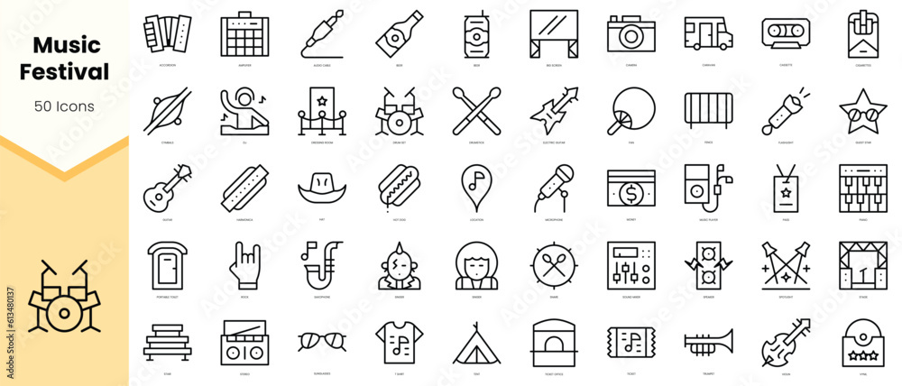 Set of music festival Icons. Simple line art style icons pack. Vector ...