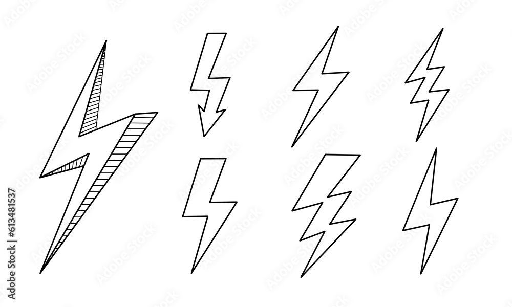 Hand drawn set of Lightning bolt electricity warning signs. Doodle ...