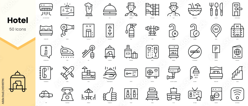 Set of hotel Icons. Simple line art style icons pack. Vector ...
