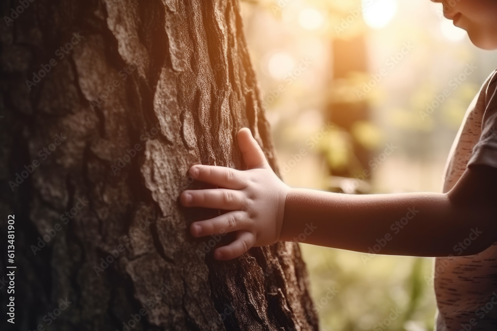 Cute litle boy touching a tree in a forest Stock Illustration | Adobe Stock
