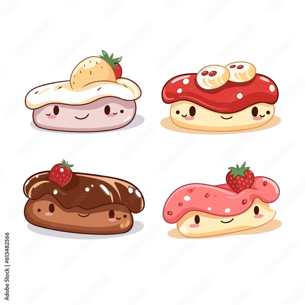 Cute Eclair Vector Characters - Chocolate, Caramel, and Strawberry ...