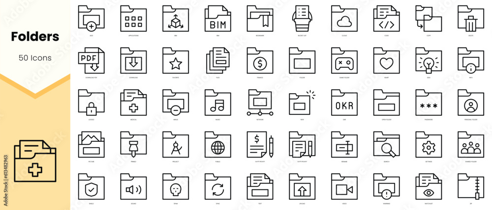 Set of folders Icons. Simple line art style icons pack. Vector ...