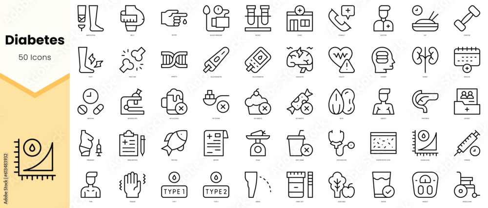 Set of diabetes Icons. Simple line art style icons pack. Vector ...