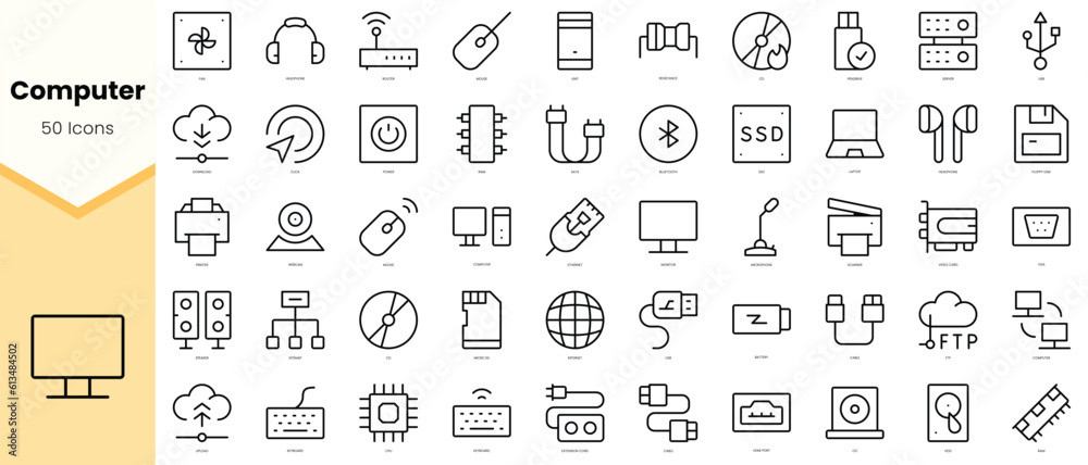 Set of computer Icons. Simple line art style icons pack. Vector ...