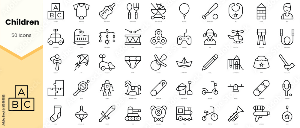 Set of children Icons. Simple line art style icons pack. Vector ...