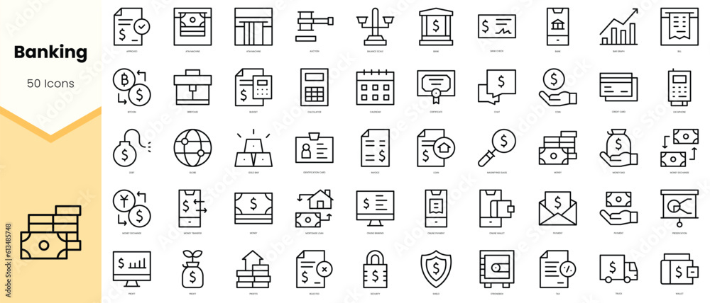 Set of banking Icons. Simple line art style icons pack. Vector ...