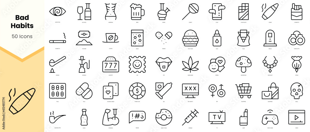 Set of bad habits Icons. Simple line art style icons pack. Vector ...
