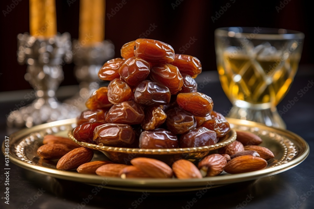 Plate filled with dates and nuts, traditional foods commonly consumed ...