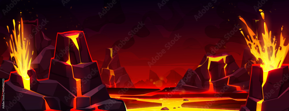 Volcano lava burst cartoon hell vector background. Fantasy hot volcanic ...