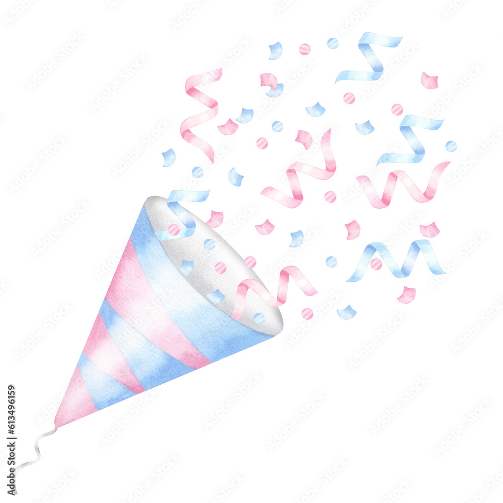 Pink blue party poppers with confetti. Hand drawn watercolor ...