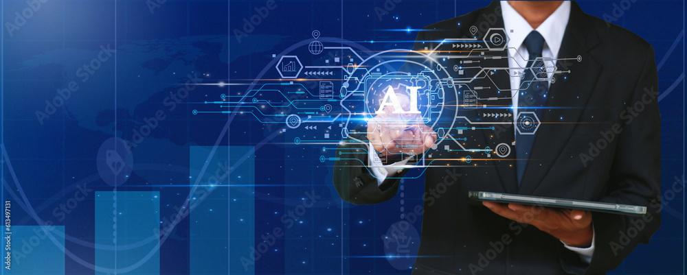 Businessman touching the brain of artificial intelligence (AI) in ...