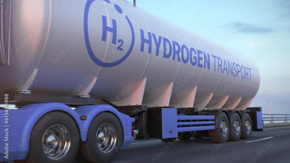 Generic electric semi truck with hydrogen tank trailer driving along a ...