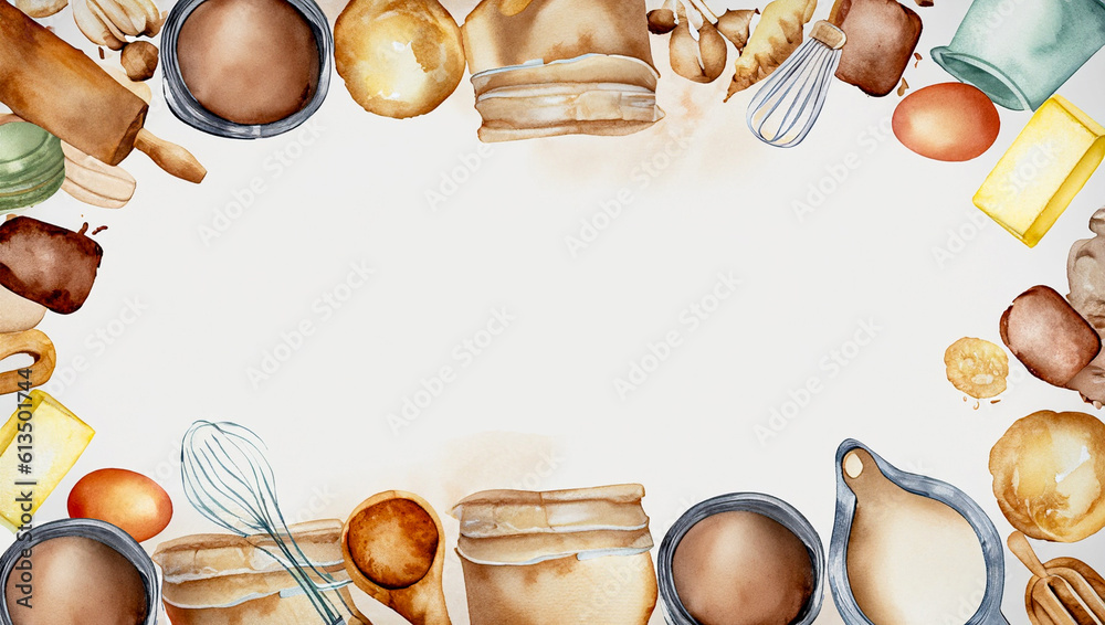 Watercolor baking ingredients background. Border frame with cooking ...