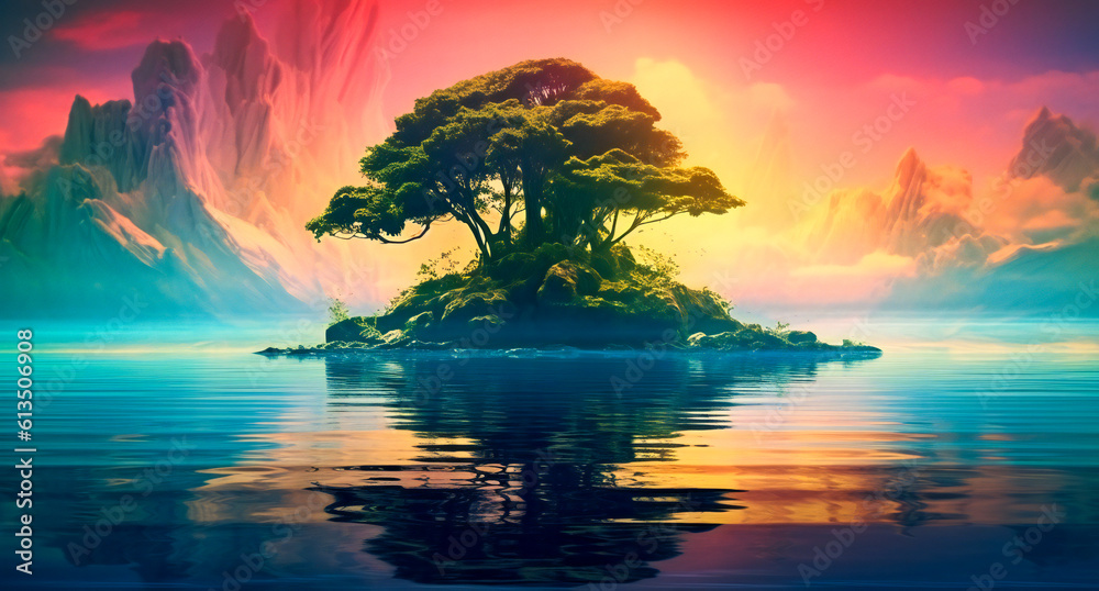 Beautiful small rock island in the middle of the sea with a colorful ...