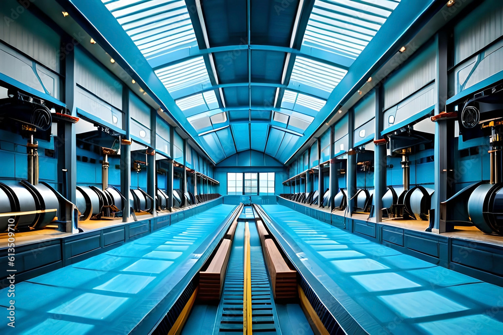a hydroelectric power plant's turbine room, capturing the mechanical ...