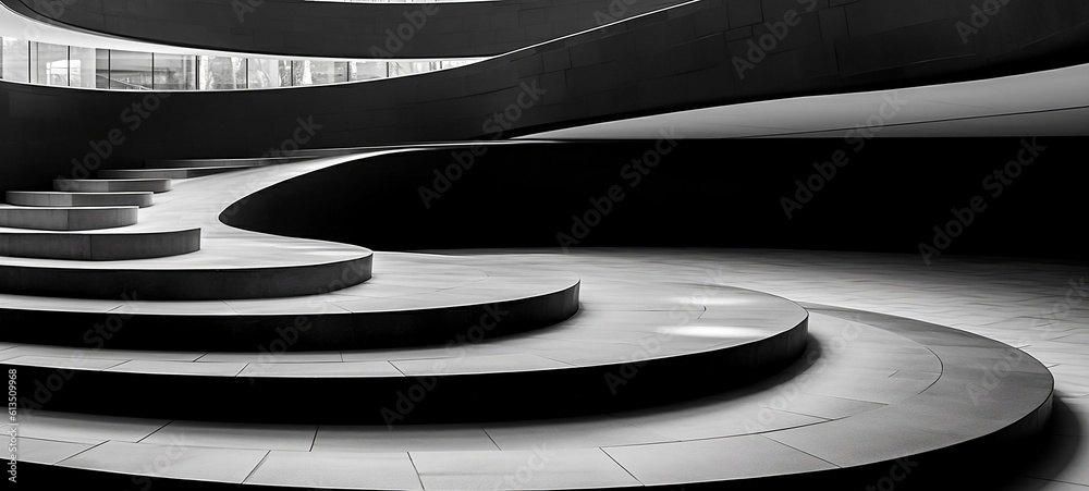 Rounded architecture of stairs. Curvilinear steps. Modern minimalistic ...