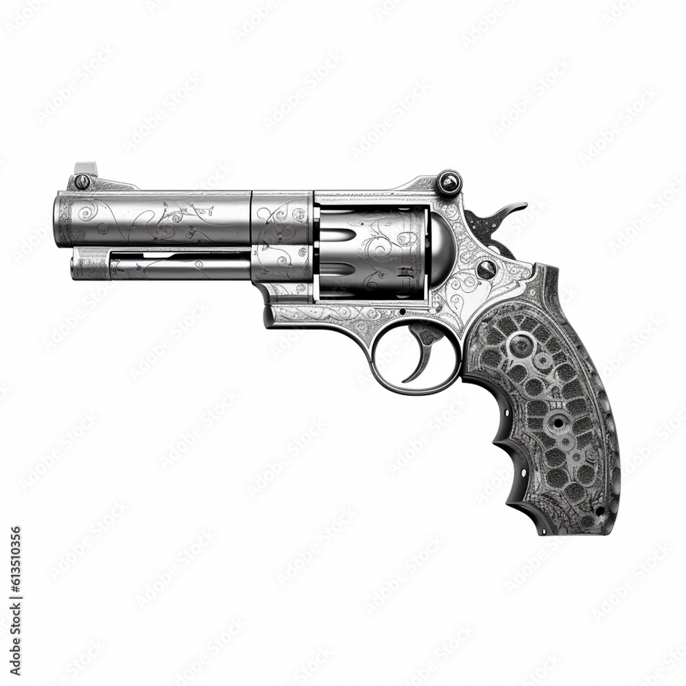 Colt pistol, with a handle on which a drawing of outer space, white ...