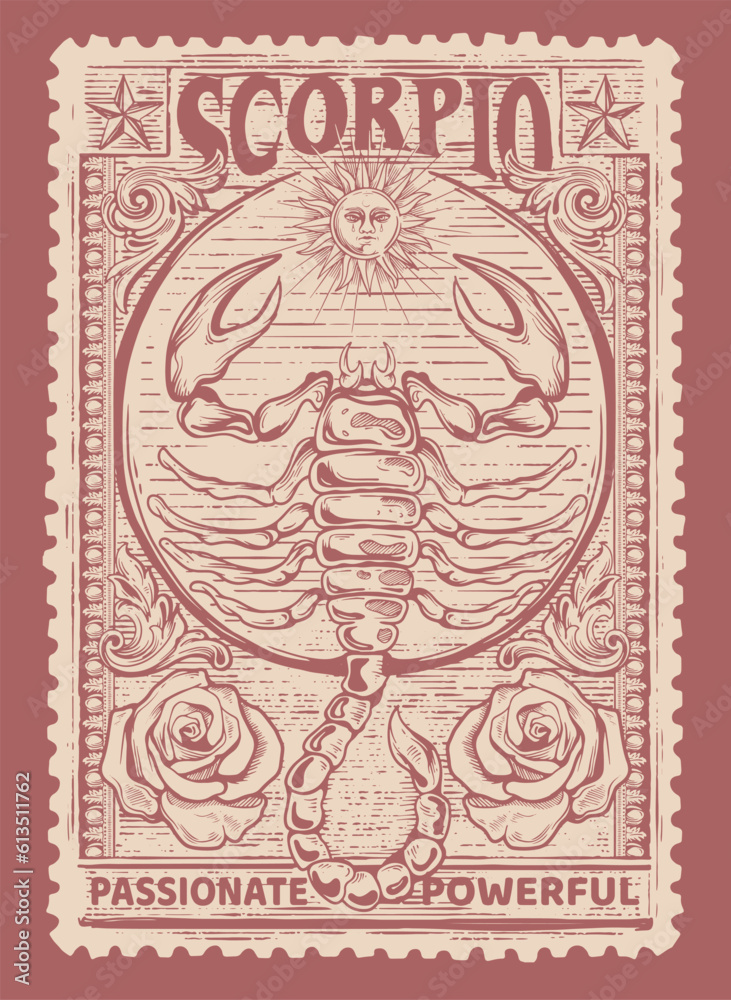 Hand drawn The scorpion zodiac illustration showcases an old stamp ...