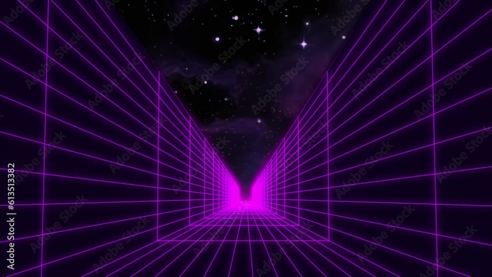 Digital retro wave grid, wireframe net. Triangle corridor motion ...
