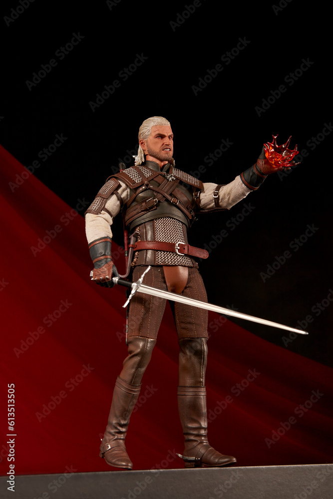 Udachnyy, Russia - June 15, 2023: The action figure of Geralt of Rivia ...