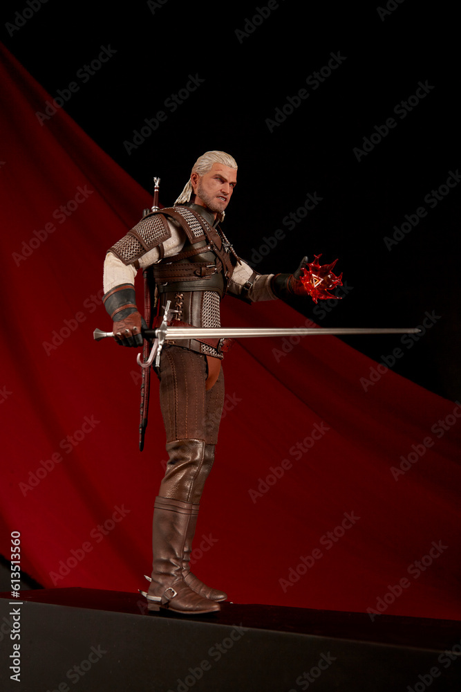 Udachnyy, Russia - June 15, 2023: The action figure of Geralt of Rivia ...