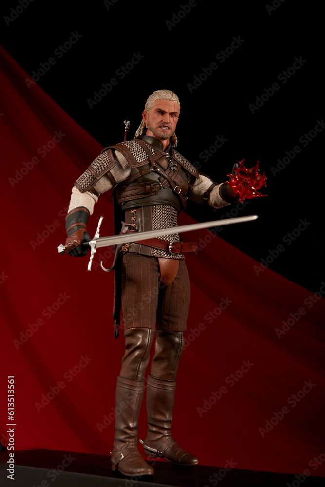 Udachnyy, Russia - June 15, 2023: The action figure of Geralt of Rivia ...
