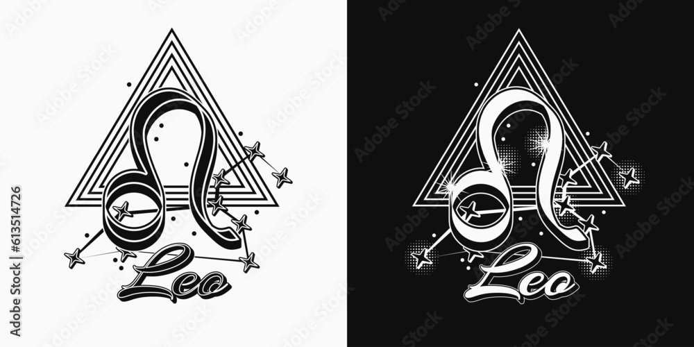 Black and white icon of zodiac sign Leo with constellation with stars ...