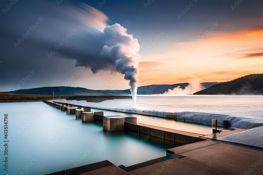 a geothermal power plant with steam rising from underground, showcasing ...