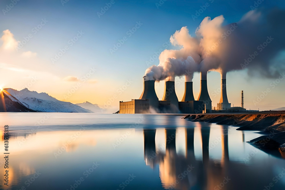 a geothermal power plant with steam rising from underground, showcasing ...
