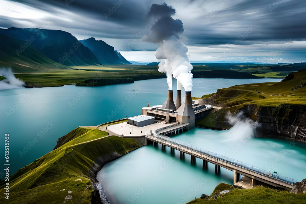 a geothermal power plant with steam rising from underground, showcasing ...