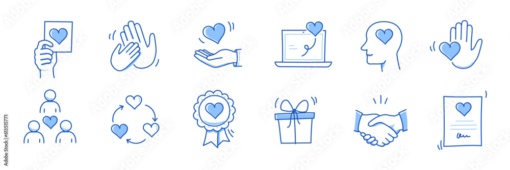 Vetor de Community trust hand, social heart doodle line icon. Charity ...