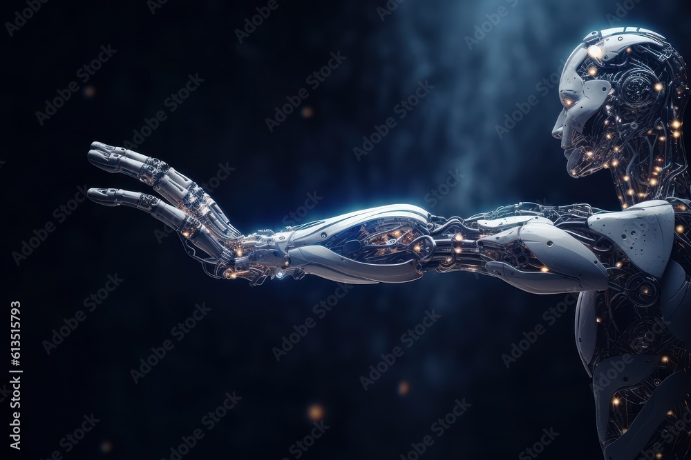 Biorobot with outstretched hand, side view. Metal composite torso, head ...