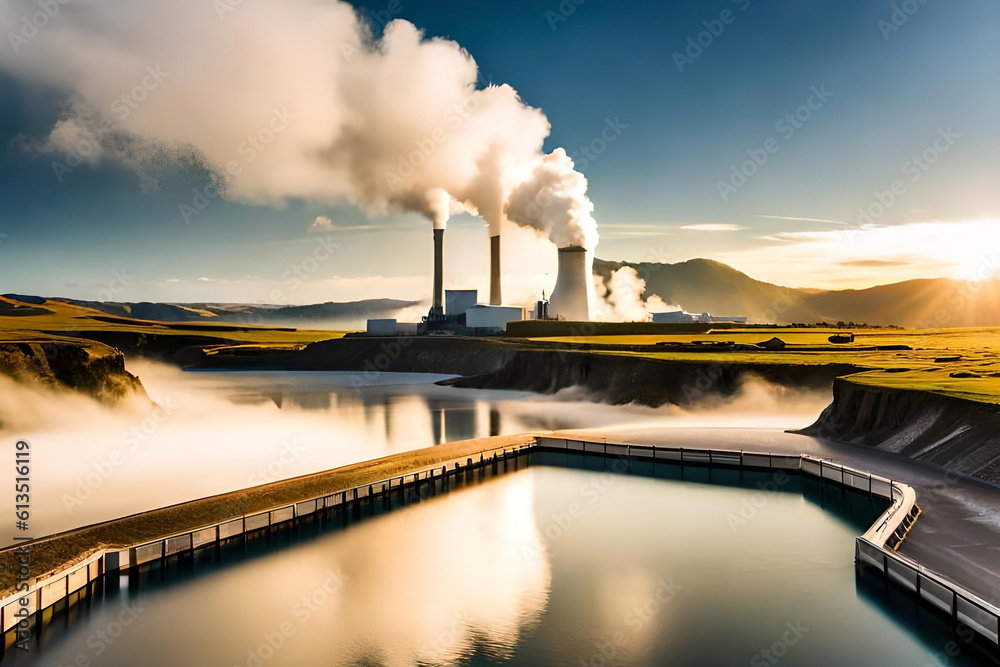 a geothermal power plant with steam rising from underground, showcasing ...