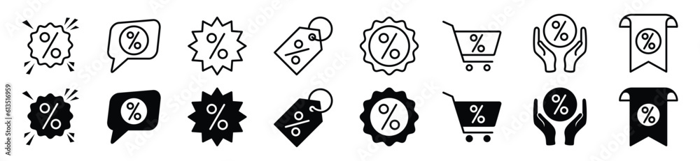 Discount promotion in line and flat icon collection. Shopping tag, cart ...