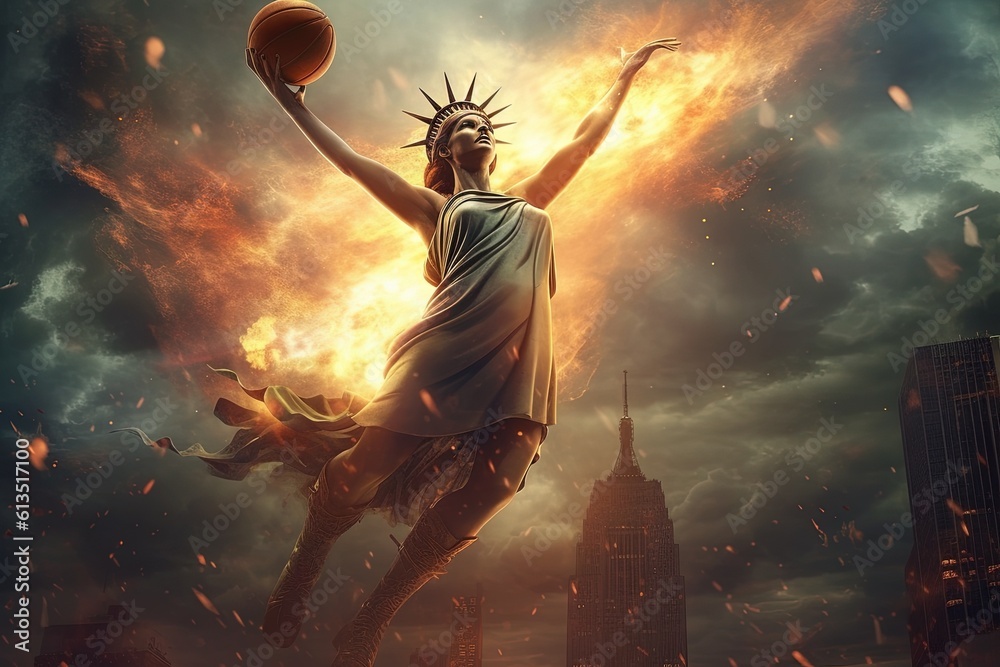 Statue of Liberty as professional basketball player, leaping high into ...