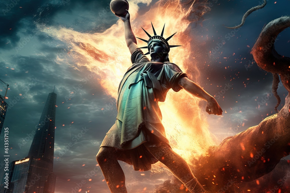 Statue of Liberty as professional basketball player, leaping high into ...