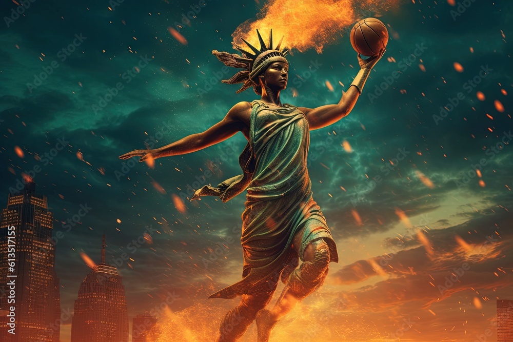 Statue of Liberty as professional basketball player, leaping high into ...