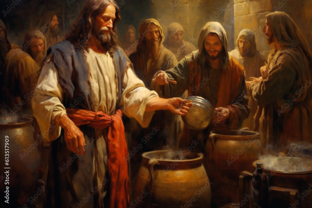 Jesus Christ turns water into wine. Religion Bible. History. During a ...