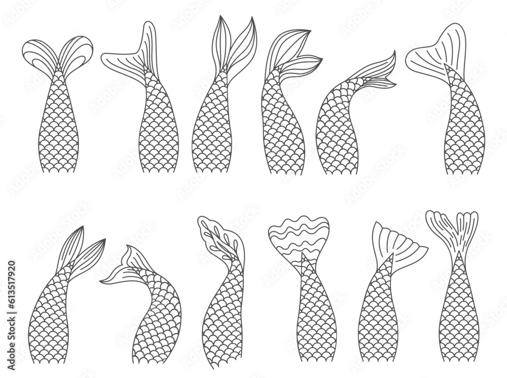 Mermaid tails flipper creature hand drawn black monochrome line art set ...