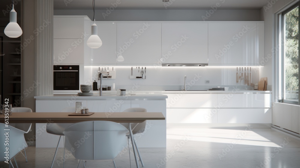 Front view on bright kitchen room interior with white fasades, kitchen ...