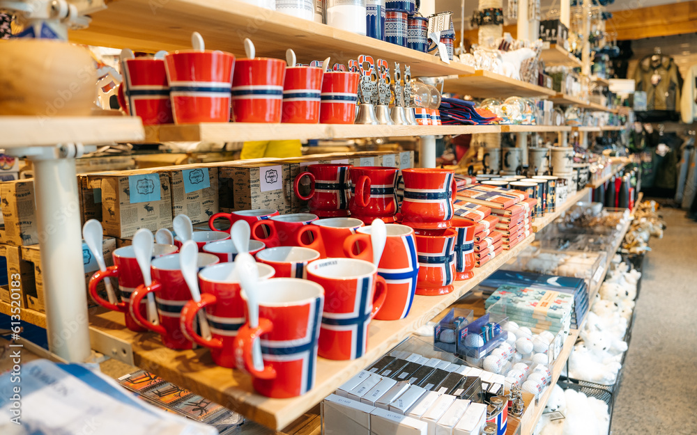 Tromso, Norway 10.6.2023: Small shop of Norwegian souvenirs in Tromso ...